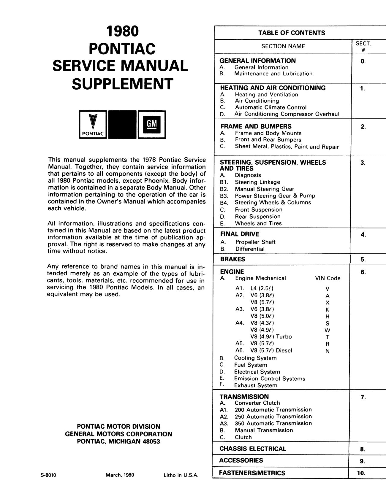 1980 Pontiac Service Manual Supplement to 1978 Pontiac Service Manual ...
