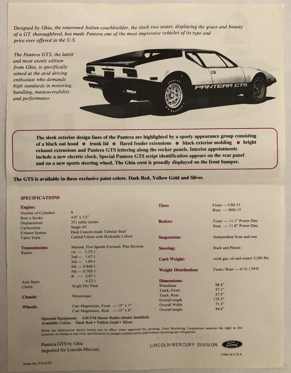Pantera Gts Brochure 1974 P74-Gts | Midlife Classic Cars ...